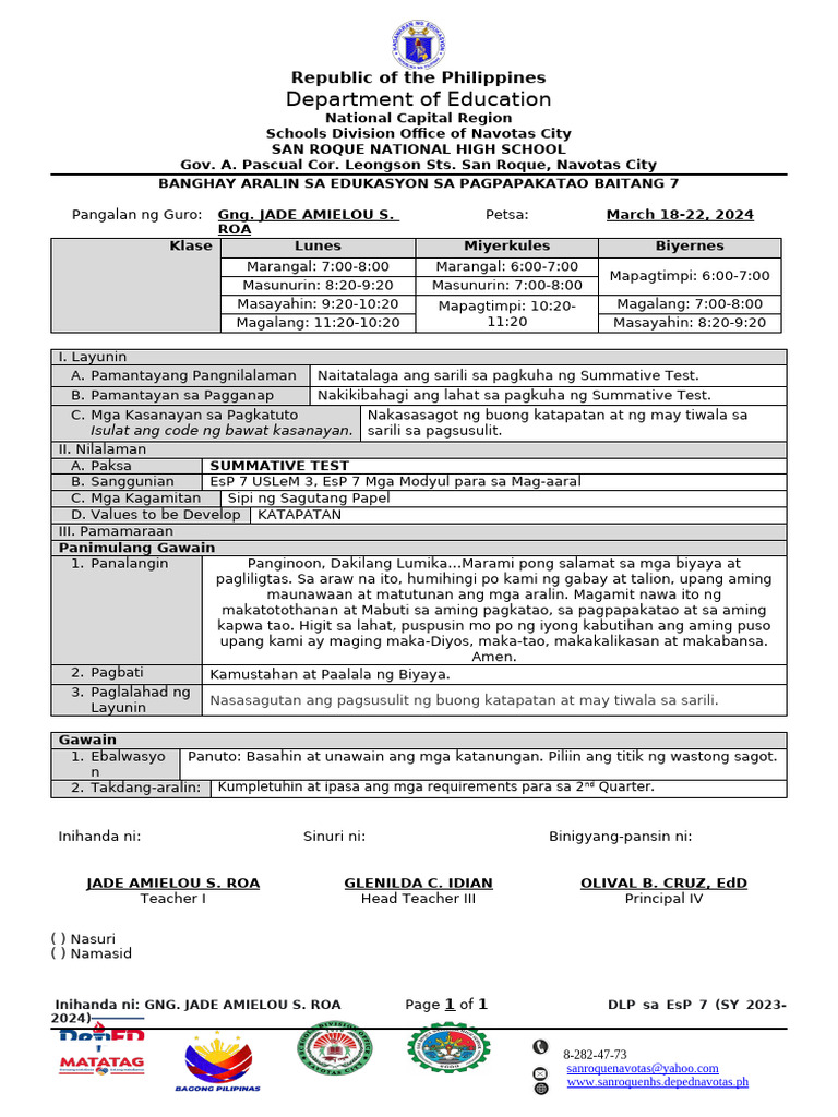 Gr.7 - DLP - q3 - Summative Test | PDF