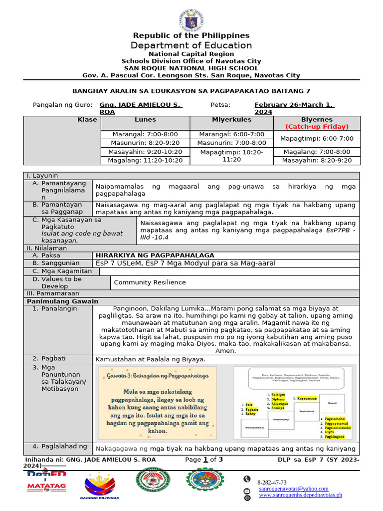 ROA_ Gr.7_ DLP_ Q3_ HIRARKIYA NG PAGPAPAHALAGA­_ Pagsasabuhay | PDF