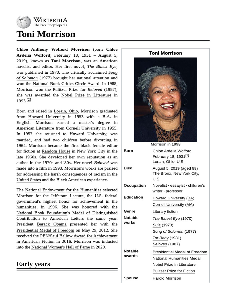 Toni Morrison: Nobel Laureate Overview | PDF