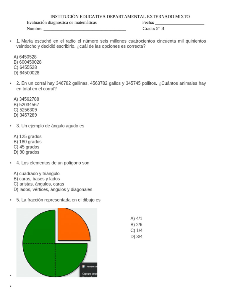 Prueba diagnóstica de matemáticas 5B | PDF