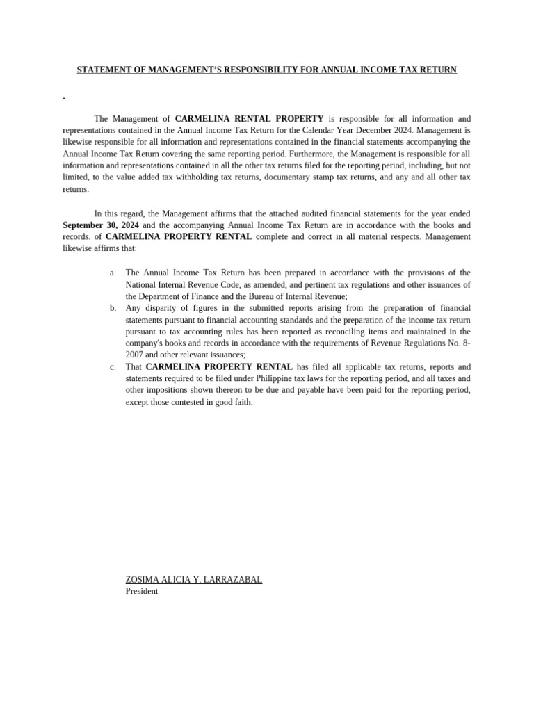 Management's Responsibility for Tax Returns | PDF | Going Concern | Audit