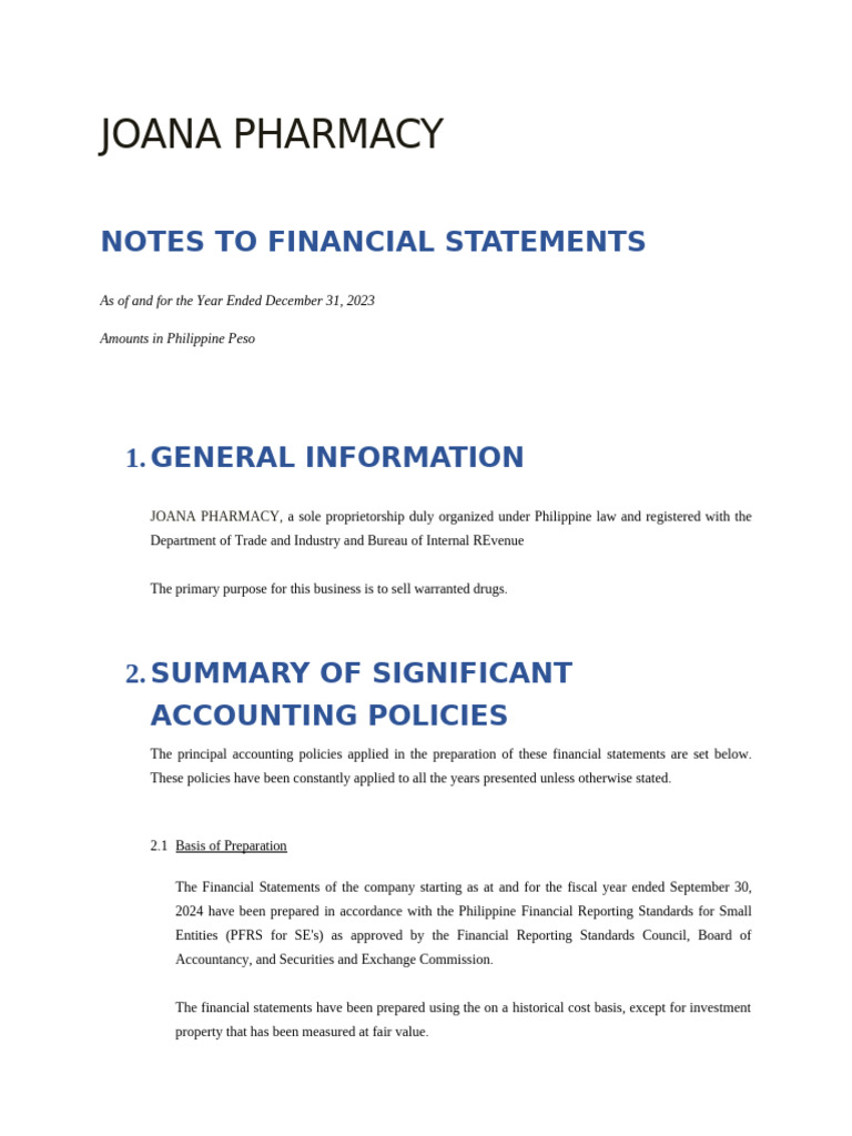 Notes to FS JOANA PHARMACY | PDF | Depreciation | Historical Cost