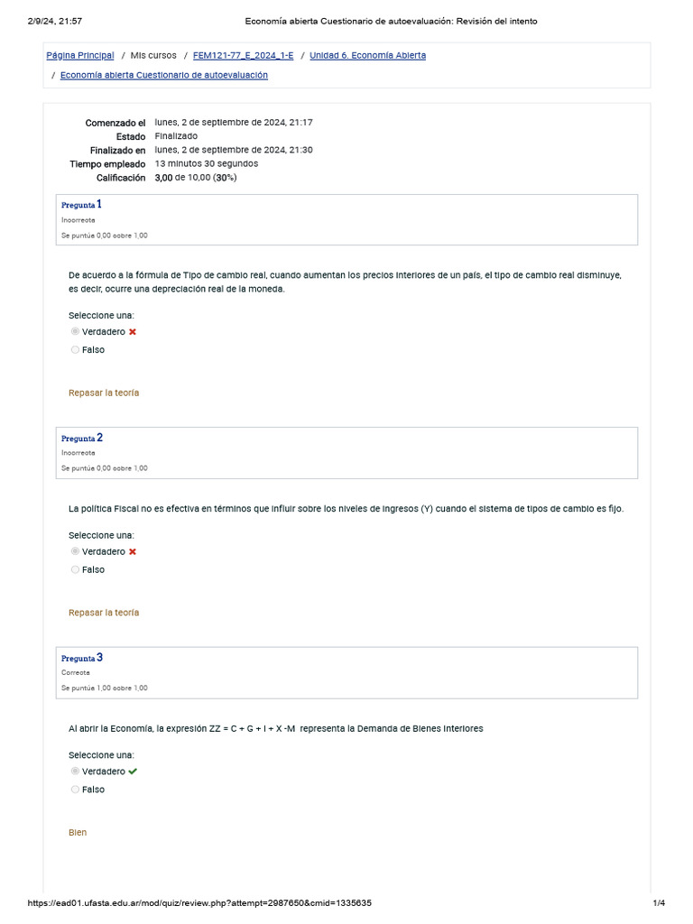 Economía Abierta Cuestionario de Autoevaluación - Revisión Del Intento1 | PDF | Tipo de cambio ...