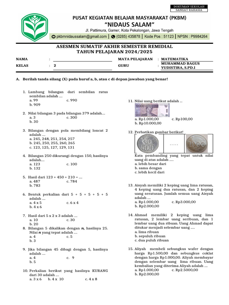 Soal ASAS MTK KLS 2 | PDF