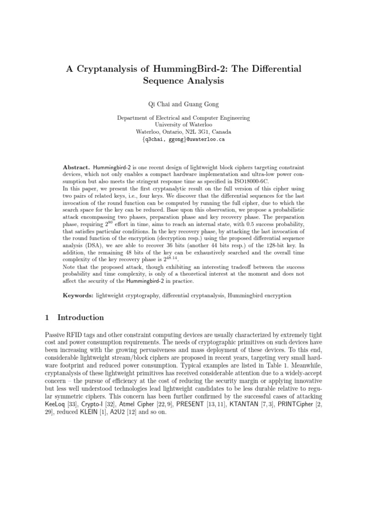 A Cryptanalysis of HummingBird-2 The Differential Sequence Analysis | PDF | Cryptanalysis ...