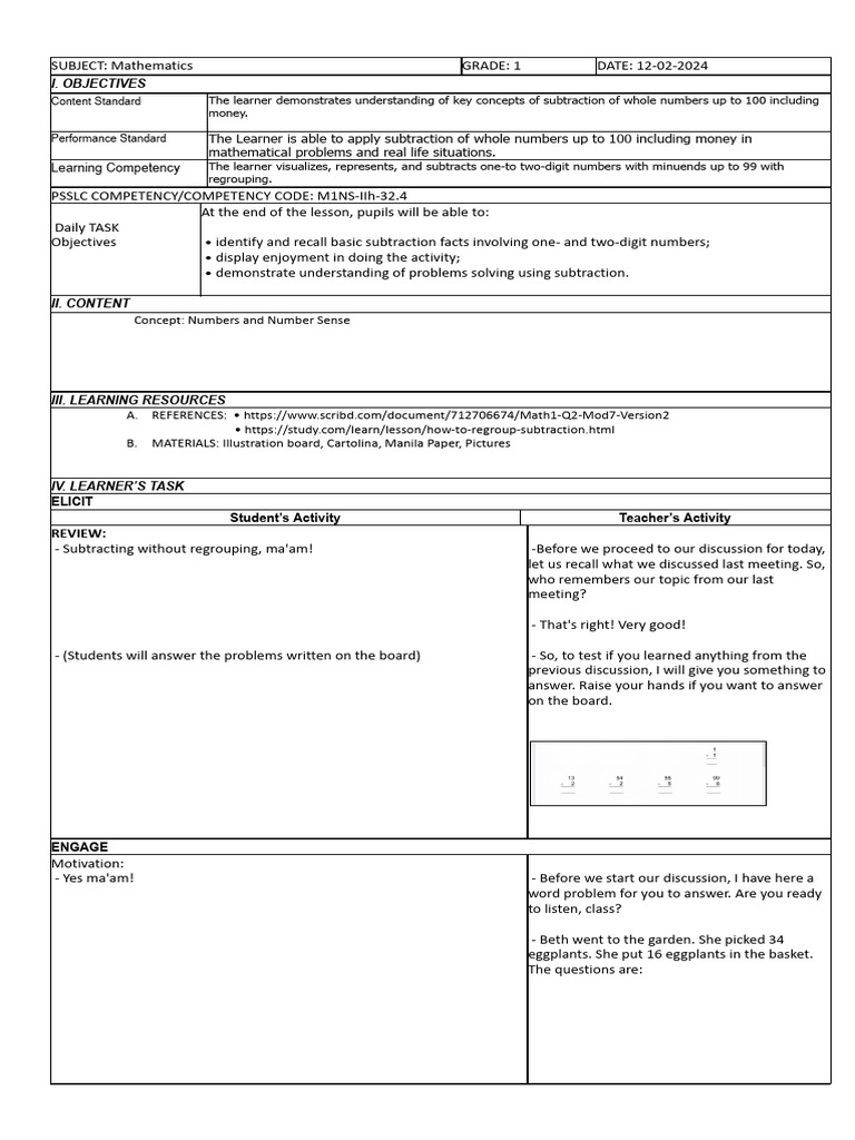 Lesson-Plan-GRADE 1-GROUP 2 (MATH).docx | PDF | Subtraction | Cognition