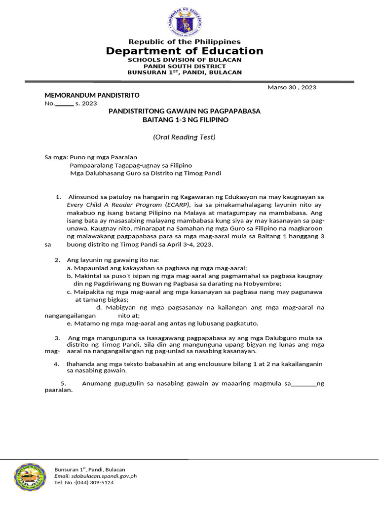 MemoOral Reading2023 Baitang 1 3 | PDF