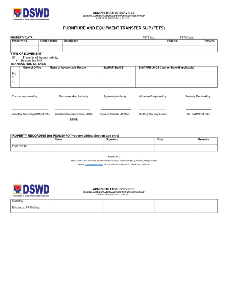 Furniture and Equipment Transfer Slip | PDF