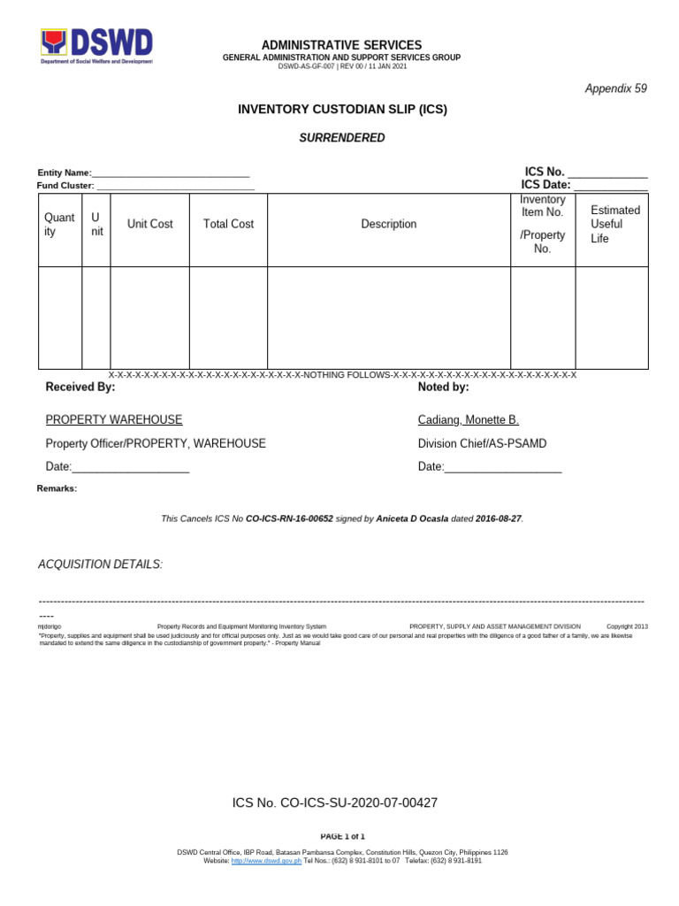 DSWD-AS-GF-007 - ICS_SURRENDER | PDF | Financial Accounting | Economies DSWD-AS-GF-007 - ICS_SURRENDER | PDF | Financial Accounting | Economies