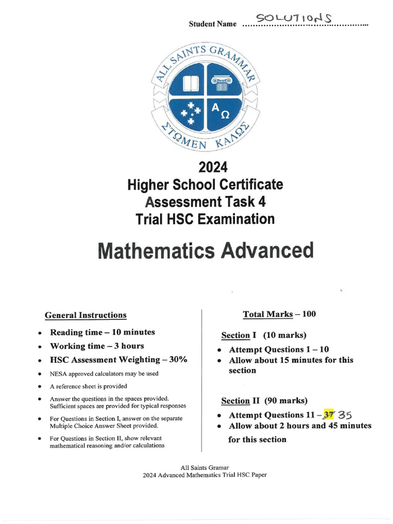 Yr 12 Adv Trial Solutions | PDF