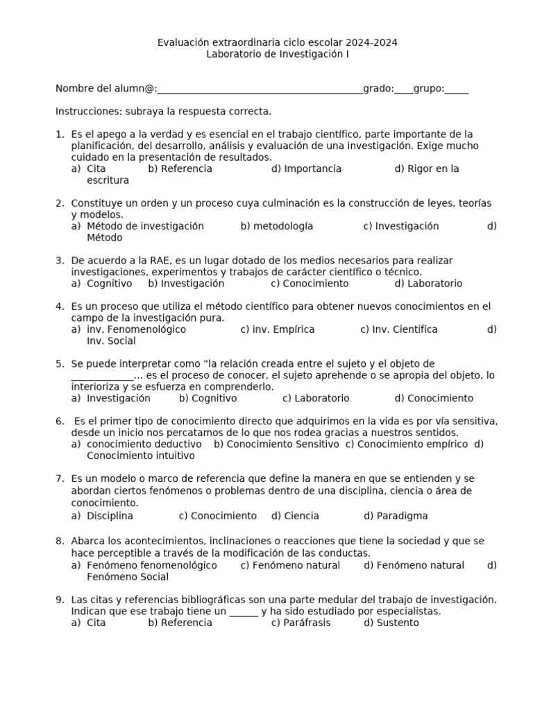 Evaluación Laboratorio Investigación 2024 | PDF | Conocimiento | Método ...