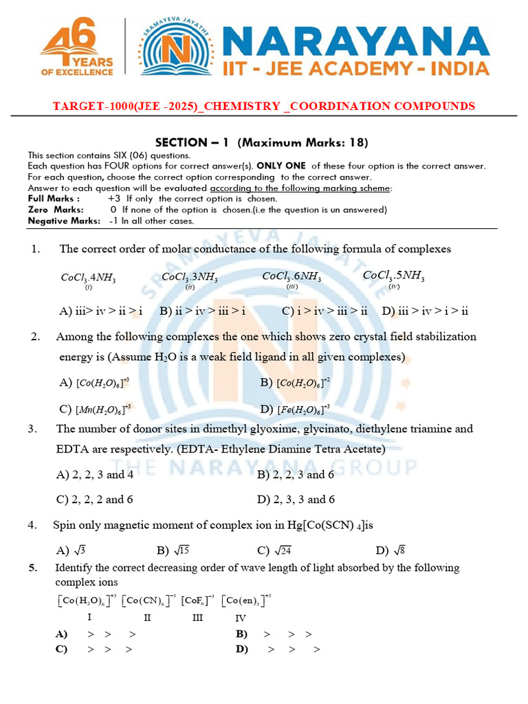 Target-1000 (Jee Adv-2025) Chemistry SPL Assignment Coordination Chemistry | PDF | Coordination ...