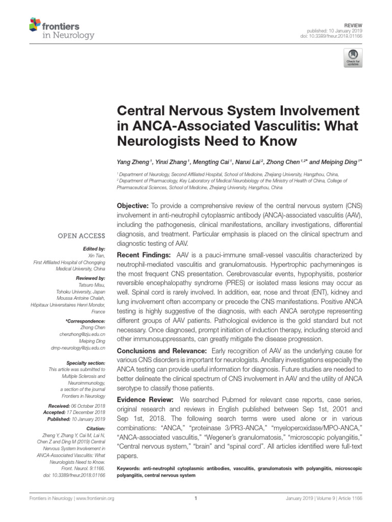 CNS Involvement in ANCA Vasculitis | PDF | Clinical Medicine | Human ...