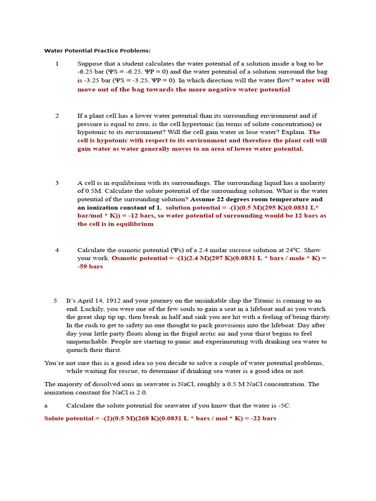 Water Potential Practice Problems | PDF | Stoma | Biology