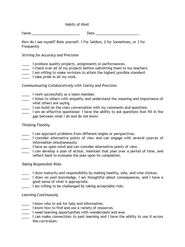 Habits of Mind Self Eval Fillable | PDF