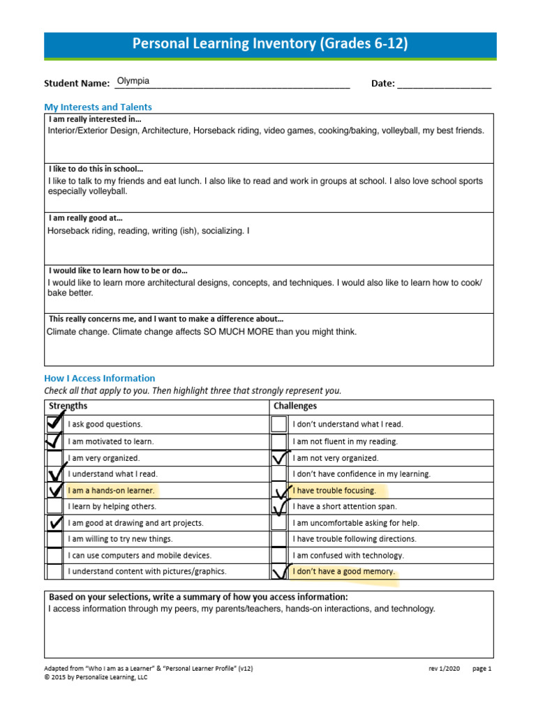 Personal Learning Inventory Fillable | PDF | Learning | Cognition Personal Learning Inventory Fillable | PDF | Learning | Cognition