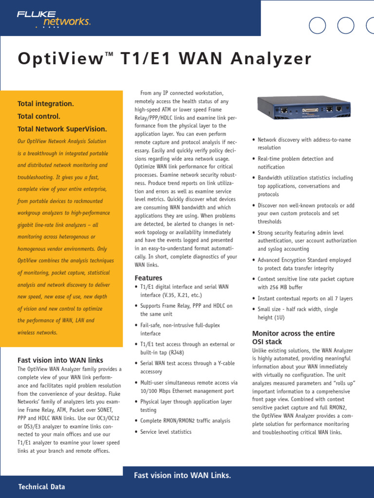 Fluke - OptiView T1 - E1 WAN Analyzer | PDF | Computer Network | Wide Area Network