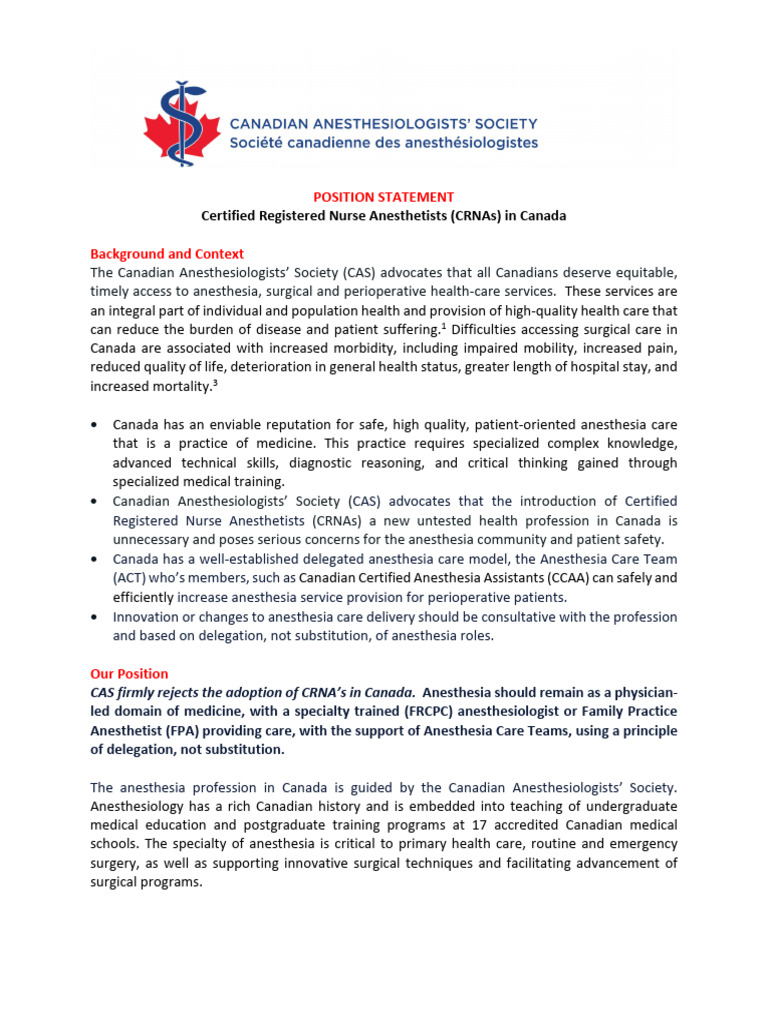 CRNA Position Statement FINAL 08 22 | PDF | Anesthesia | Health Sciences
