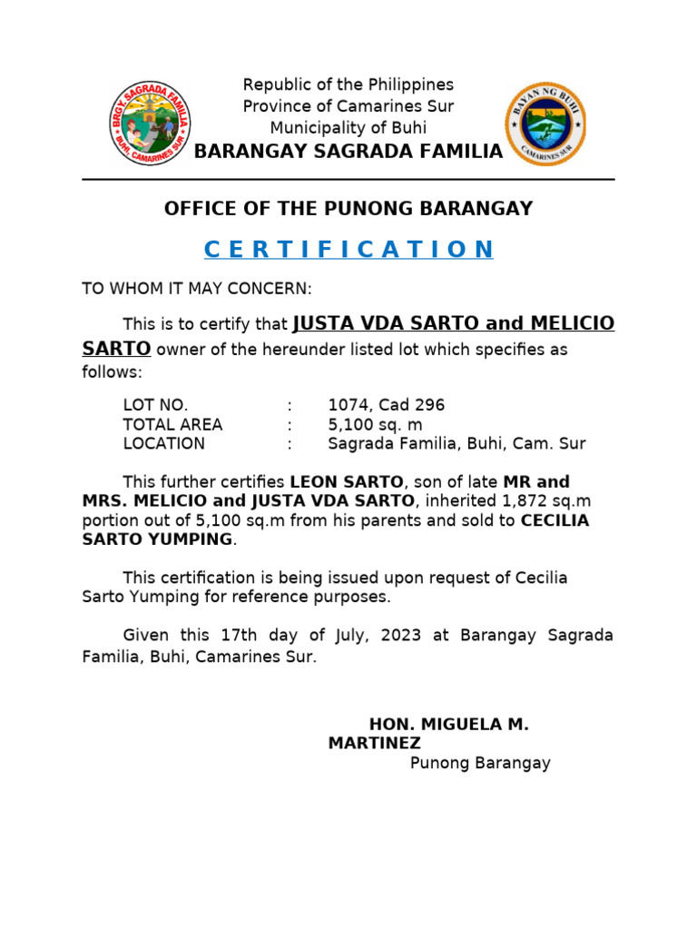 Certification of Lot Ownership in Buhi | PDF
