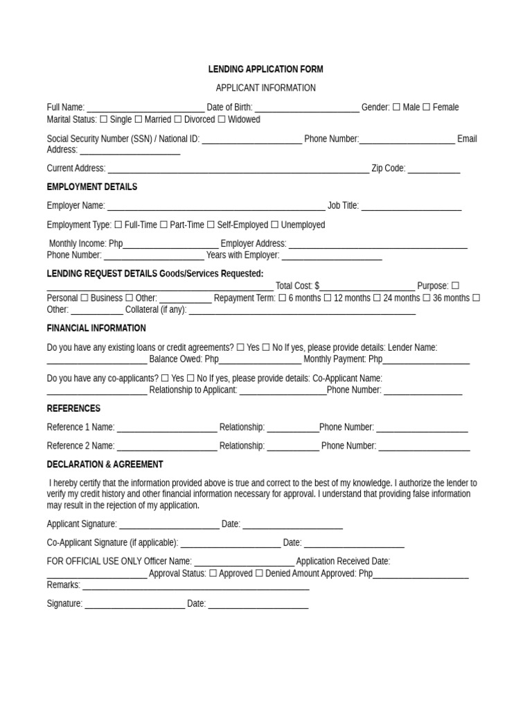 Lending Application Form | PDF | Loans | Credit