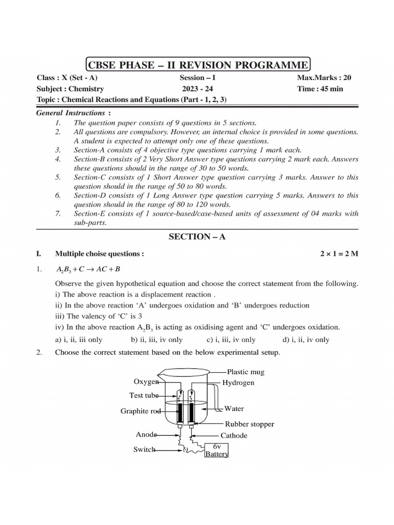 Chemical Reactions and Equations Slip Test 1 QP | PDF