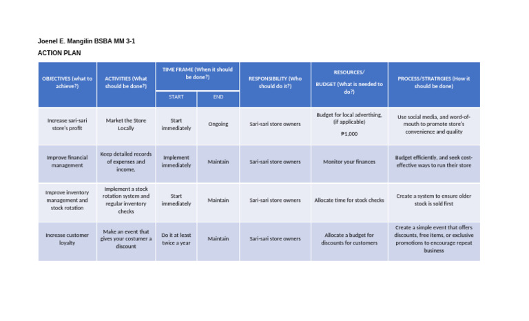 ACTION-PLAN Table | PDF | Inventory | Budget