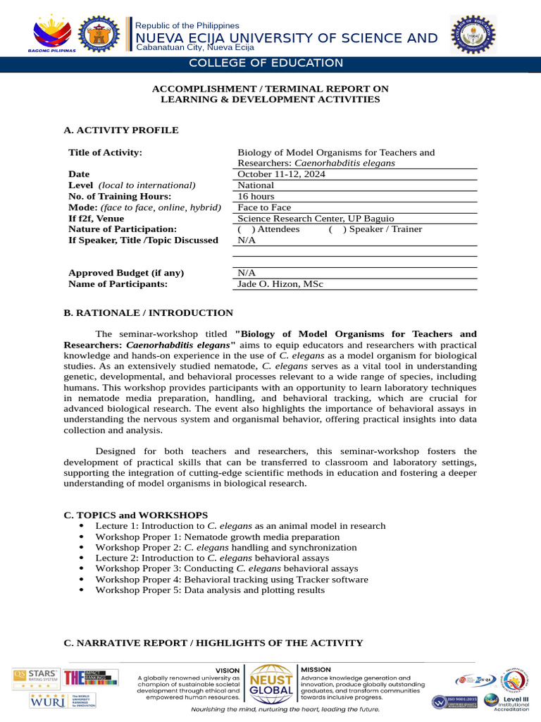 C Elegans Terminal Report (NEW) | PDF | Model Organism | Experiment