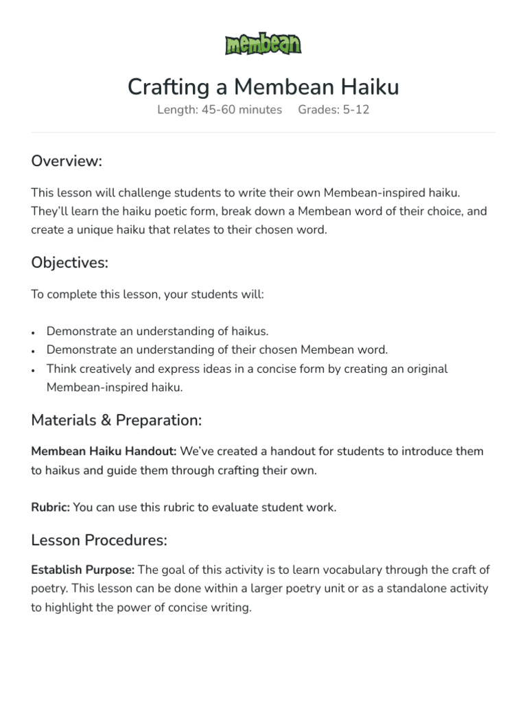 Membean Haiku Lesson Plan | PDF | Haiku | Poetry