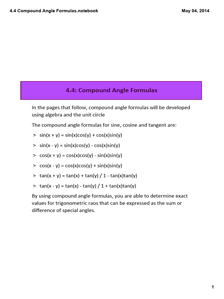 4.4 Compound Angle Formulas | PDF | Trigonometric Functions | Geometry