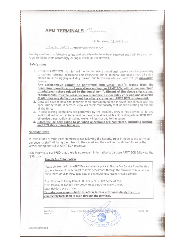 Hereby Confirm That Following Safety and Security Rules Have Been Received and I Will Instruct ...