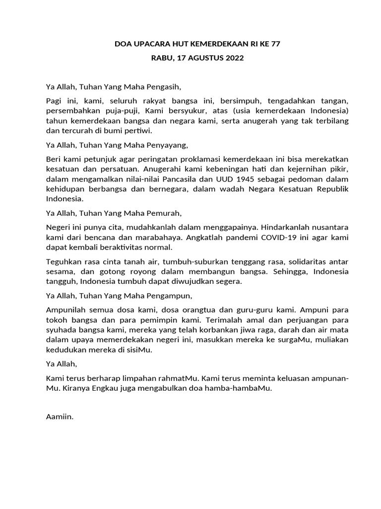 Doa Upacara Hut Kemerdekaan Ri Ke 77 | PDF
