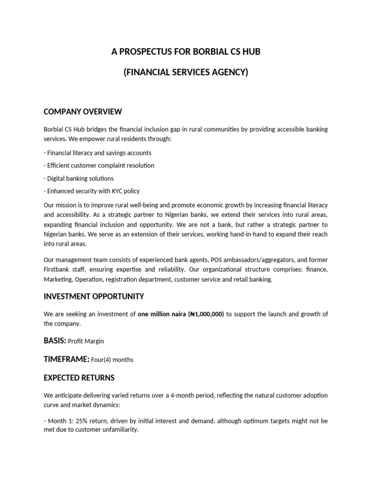 Investment Prospectus for Borbial CS Hub | PDF | Banks | Financial ...