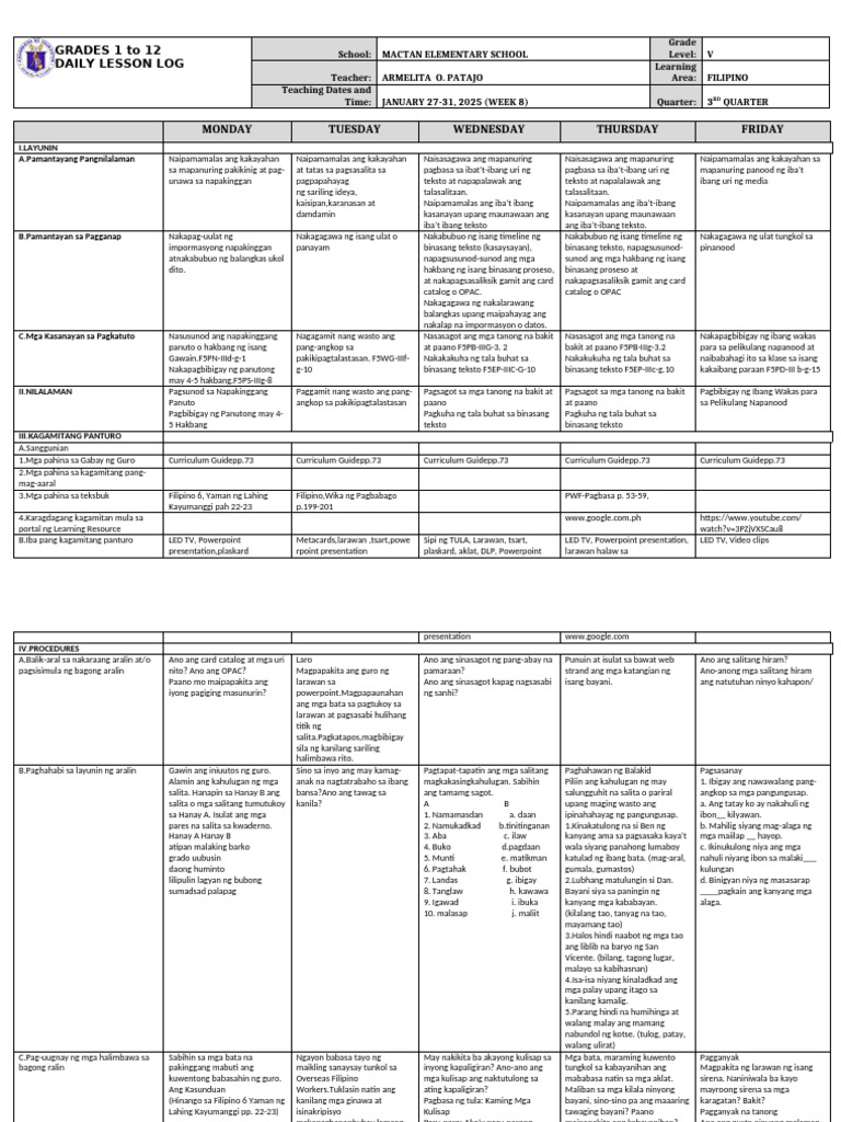 DLL Filipino 5 q3 w8 | PDF