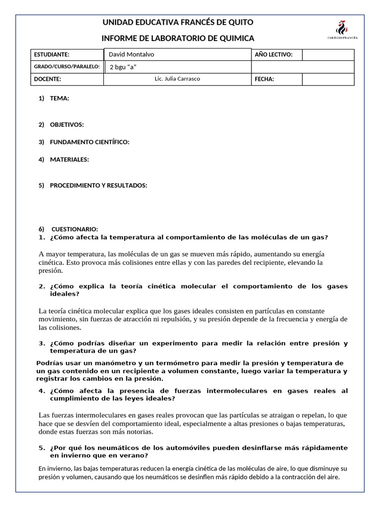 Informe de Laboratorio Quimica 2do Bgu | PDF | Gases | Presión