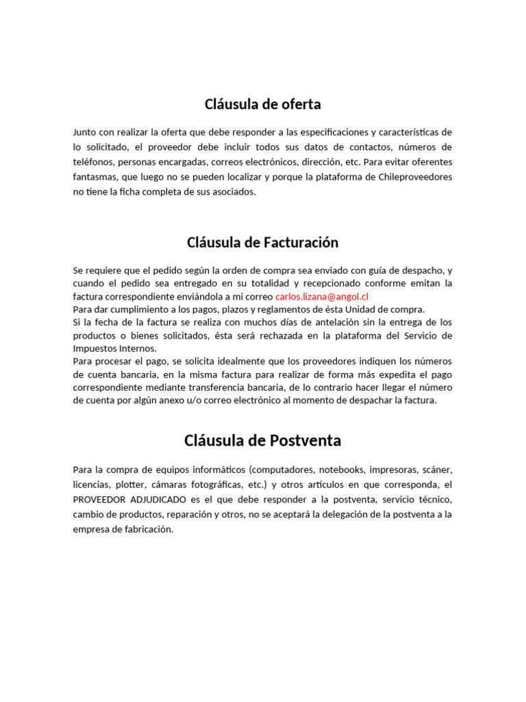 Cláusula de Oferta, Facturación y Postventa | PDF
