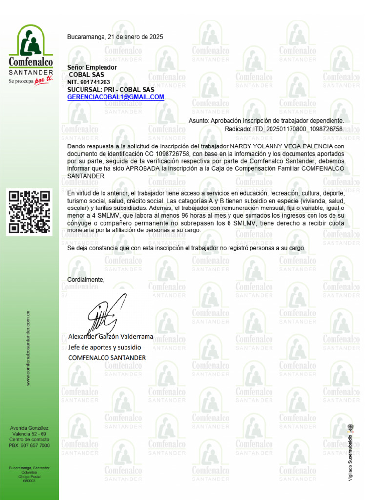 Inscripción Aprobada en Comfenalco | PDF