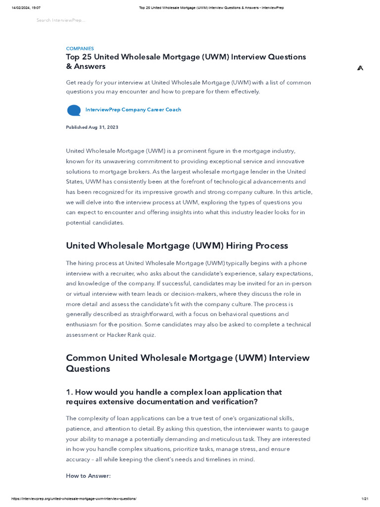 Top 25 United Wholesale Mortgage (UWM) Interview Questions & Answers - InterviewPrep | PDF ...