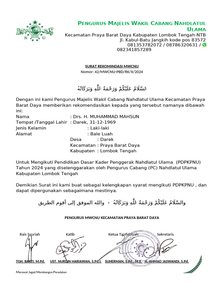 Rekomendasi PDPKPNU untuk Muhammad Mahsun | PDF