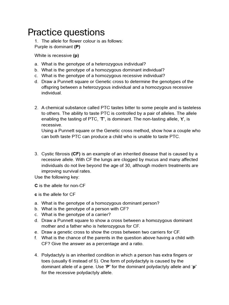 Practice Questions Genetic Diagrams 5.3 | PDF | Genotype | Dominance ...