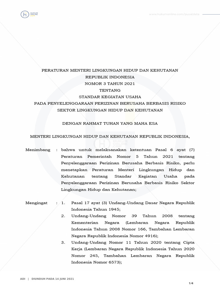 PERMEN - LHK - 3 - 2021 - Perijinan Usaha Berbasis Resiko Sektor LHK | PDF