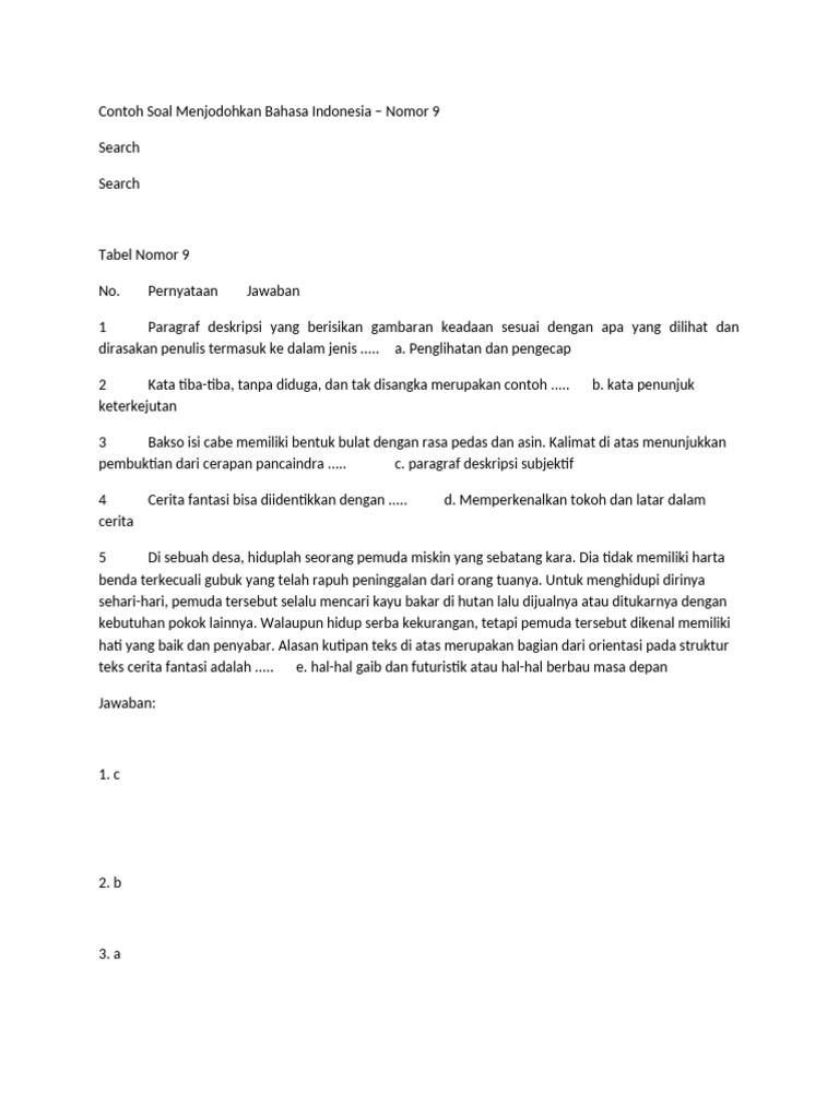 Contoh Soal Menjodohkan Bahasa Indonesia Klds 6 | PDF