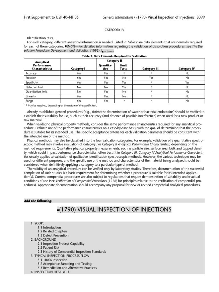 2017 - Visual Inspection of Injections USP 1790 | PDF | Verification ...