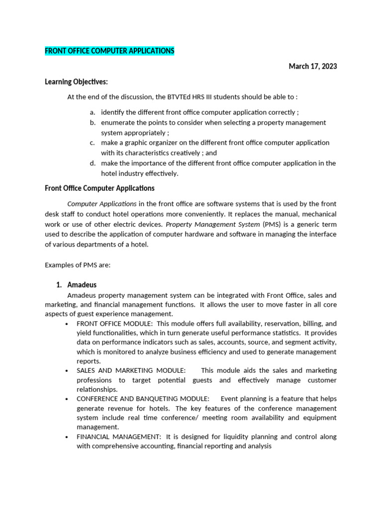 Front Office Computer Applications | PDF | Marketing | Application Software