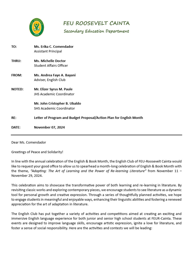 English Month Proposal & Action Plan November 2024 | PDF