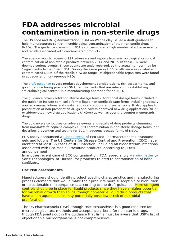 2021 - FDA Addresses Microbial Contamination in Non-Sterile Drugs | PDF ...