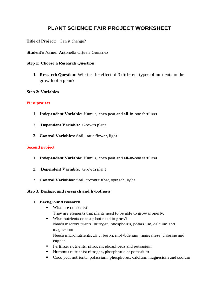 Plant Science Fair Project Worksheet 1 | PDF