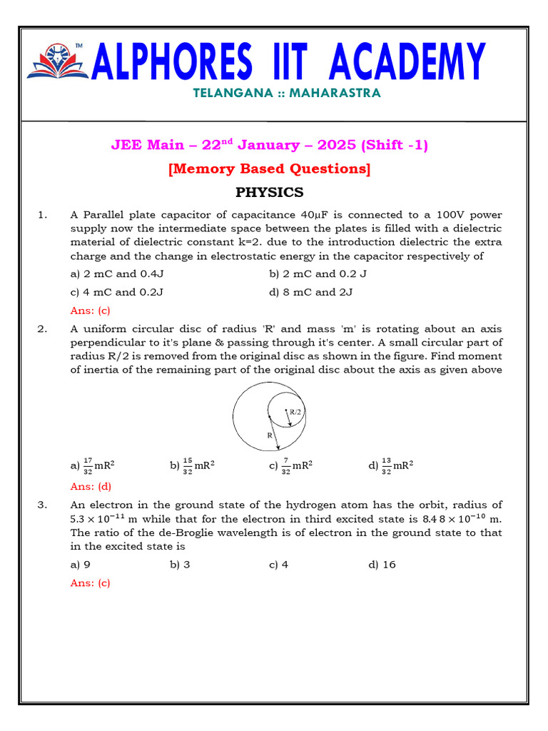 JEE Main - Jan-2025 (Shift-1) - 22-01-2025 (Memory Based Questions ...