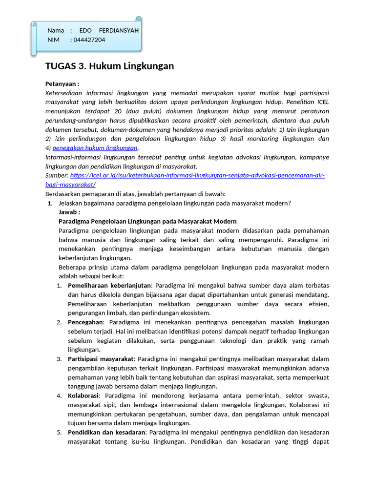 TUGAS 3. Hukum Lingkungan | PDF
