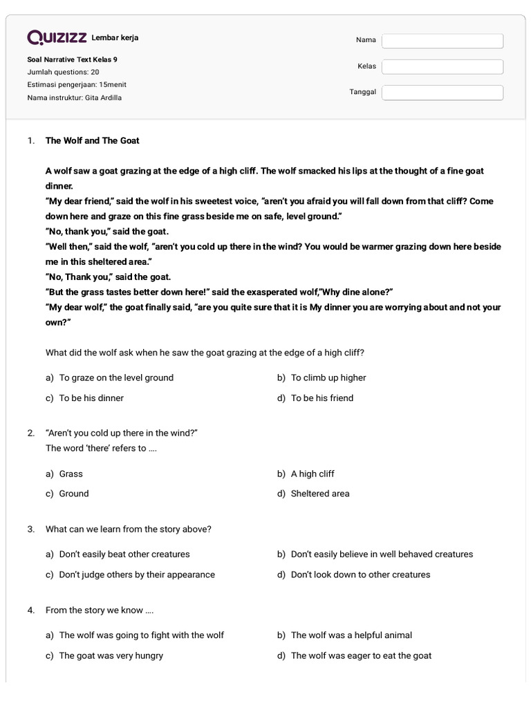 Narrative Text Quiz for 9th Grade | PDF