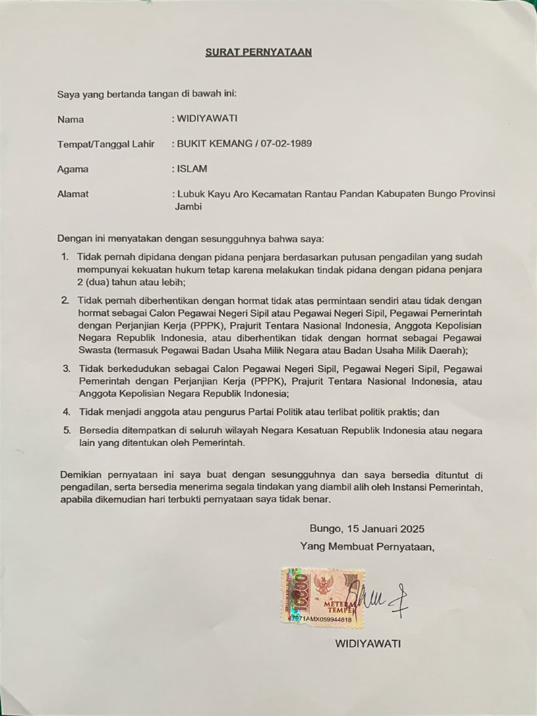 Surat Pernyataan Widya | PDF